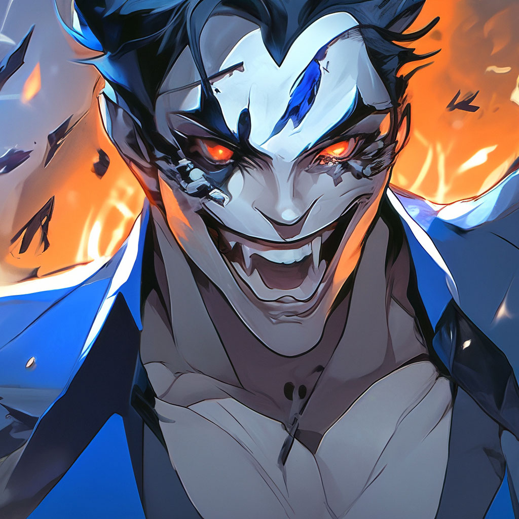 "A handsome man with fangs, blue …" — image created in Shedevrum