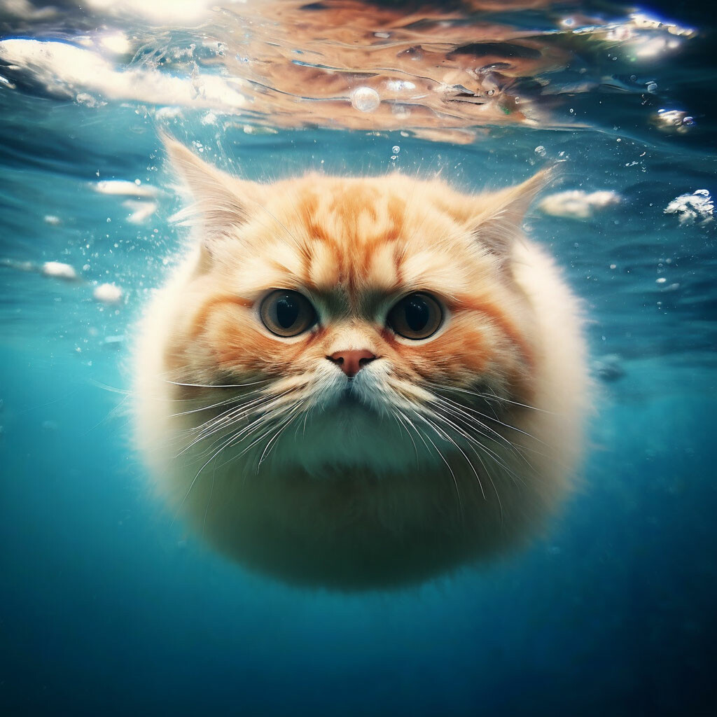 "Spherical underwater cats" — image created in Shedevrum