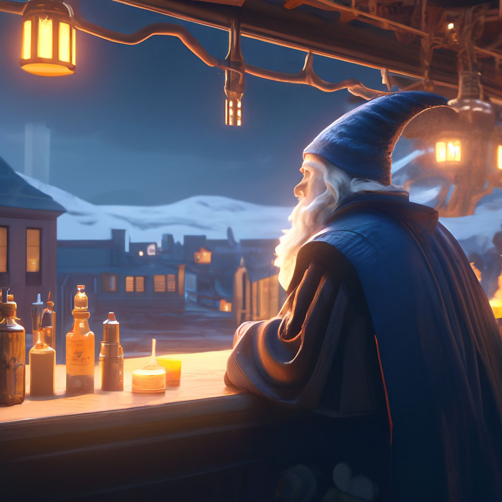 "In the style of Nighthawks by Edward Hopper a wizard in a bar looks ...