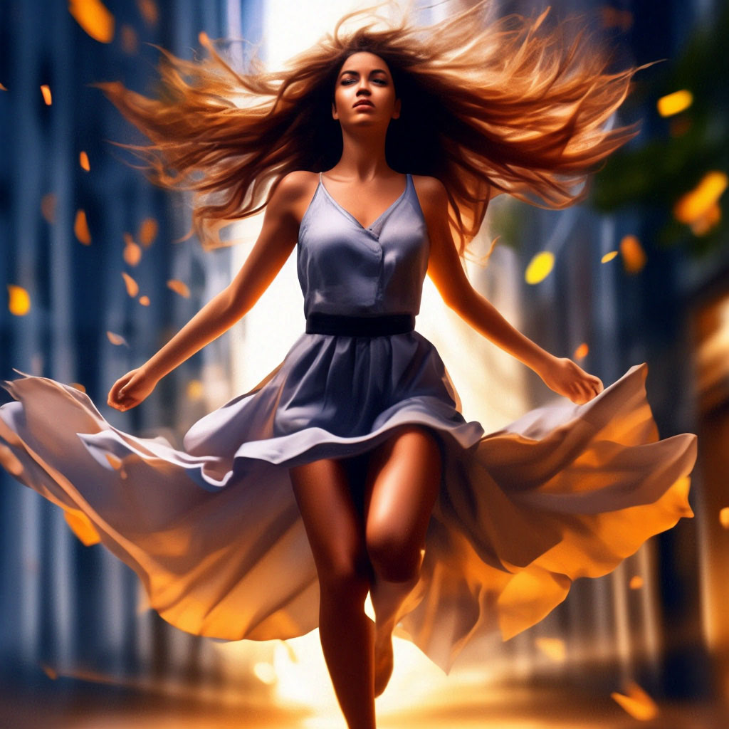 "A girl in a dress jumps over a rope, the hem flies up, the hair flies ...