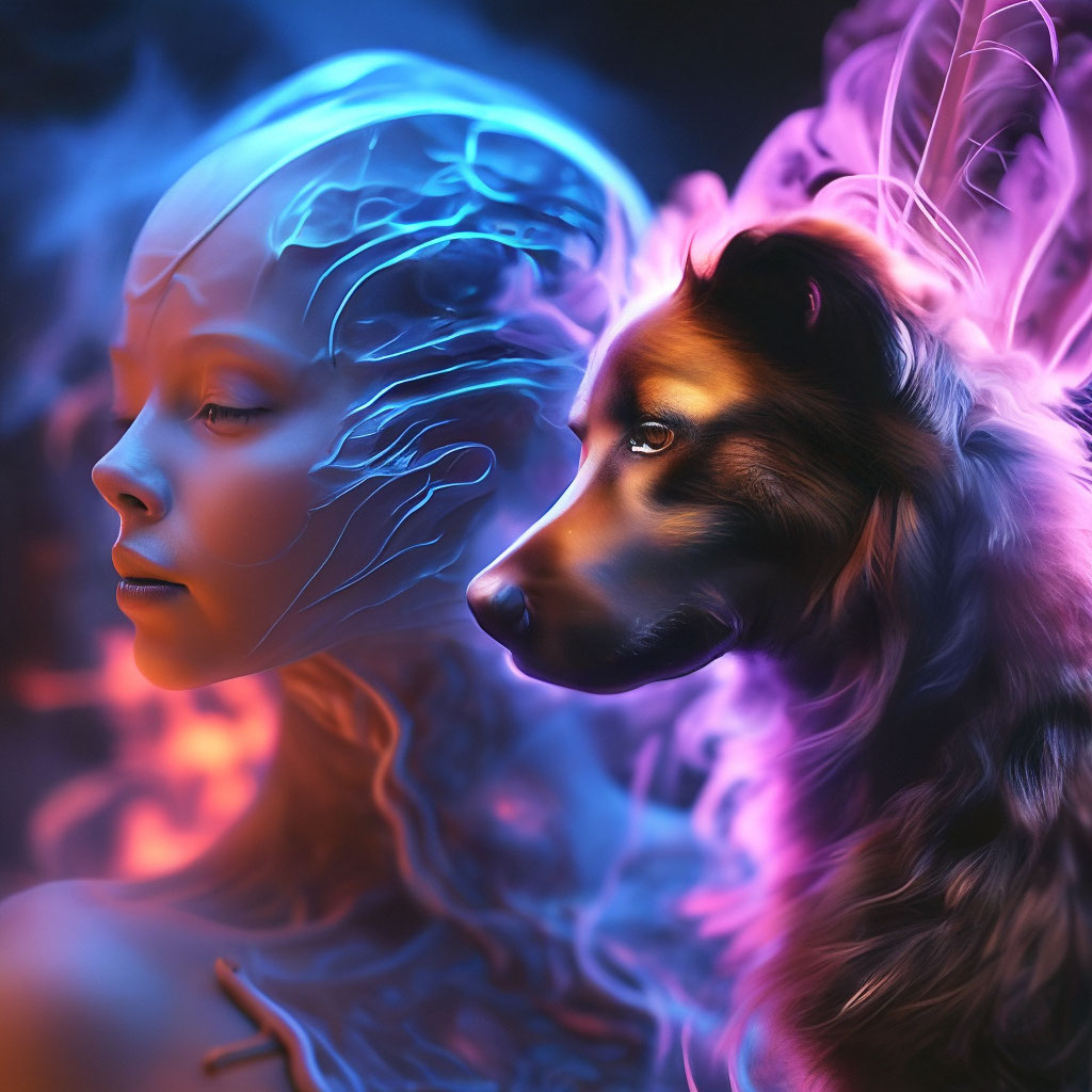 "Humanoid+dog symbiote Hyperrealism, bioluminescence, intricate ...