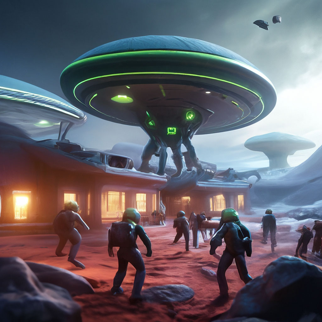 "The outpost is being invaded by aliens" — image created in Shedevrum