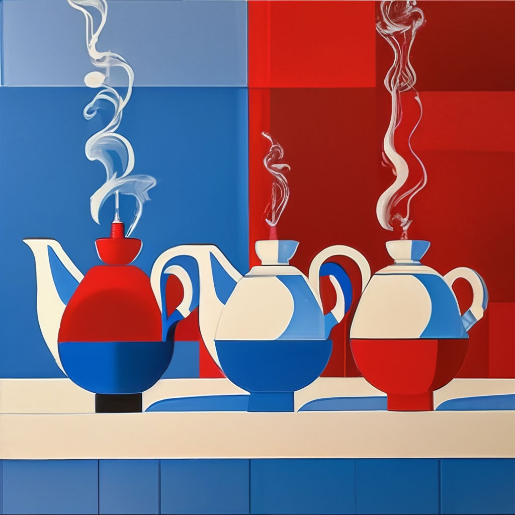 "Good morning! still life with three coffee pots,white,red,blue ...