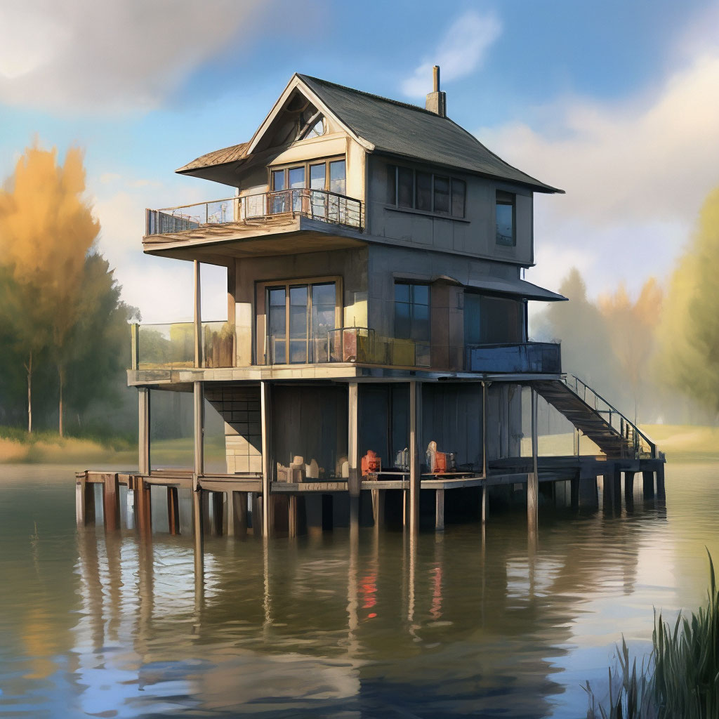 "A two-storey cottage on concrete stilts stands in the middle of the ...