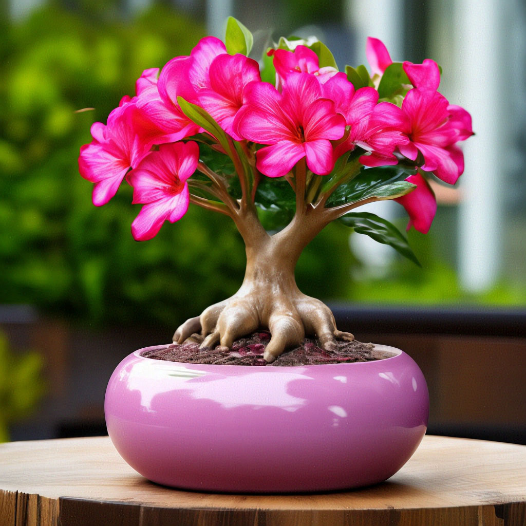 "Pink-flowered adenium with thick caudex in a beautiful low ceramic pot ...