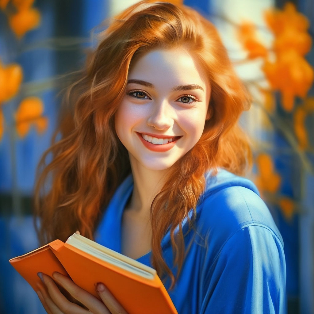 "Hyperrealism,incomparable girl,smiling,book in hand,blurred background ...