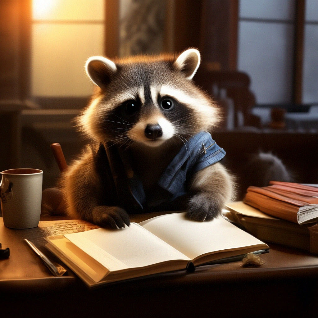 "Raccoon student, study, department, morning" — image created in Shedevrum