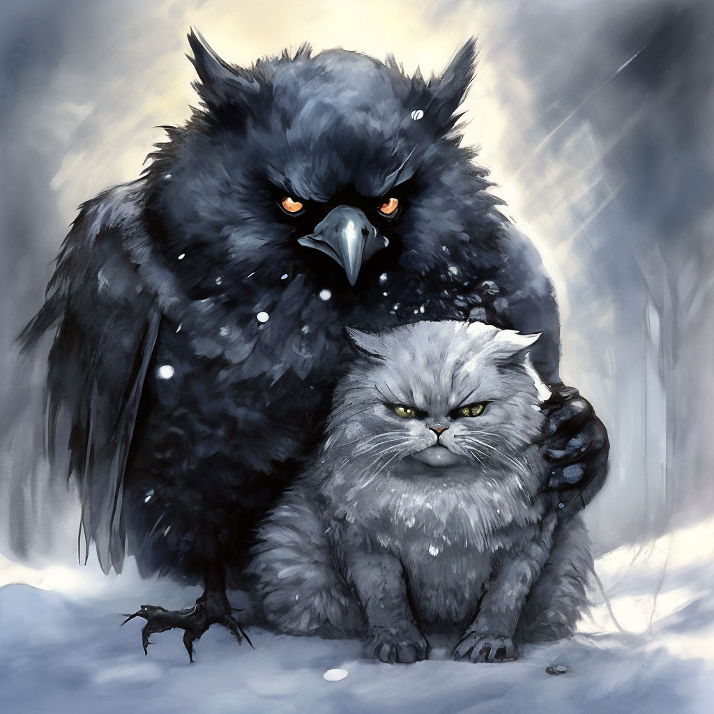 "English watercolor, winter cold snow plucked mangy but proud crow hugs ...