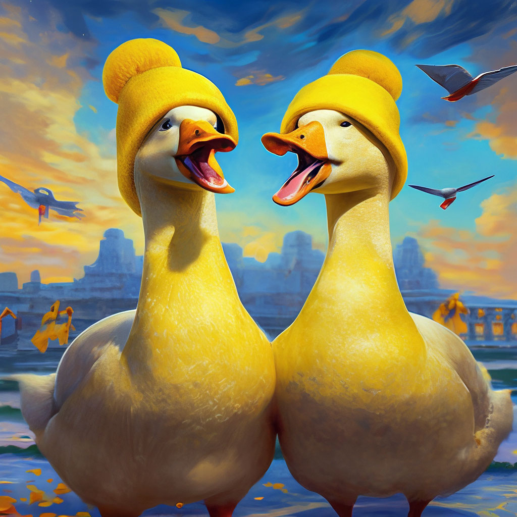 "Two cheerful geese in yellow night caps and with a kyphir" — image ...