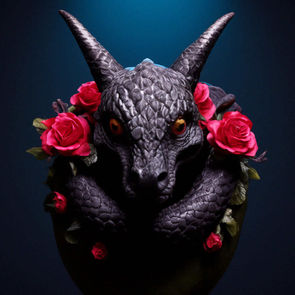 "A snake with a billiat horn with roses" — image created in Shedevrum