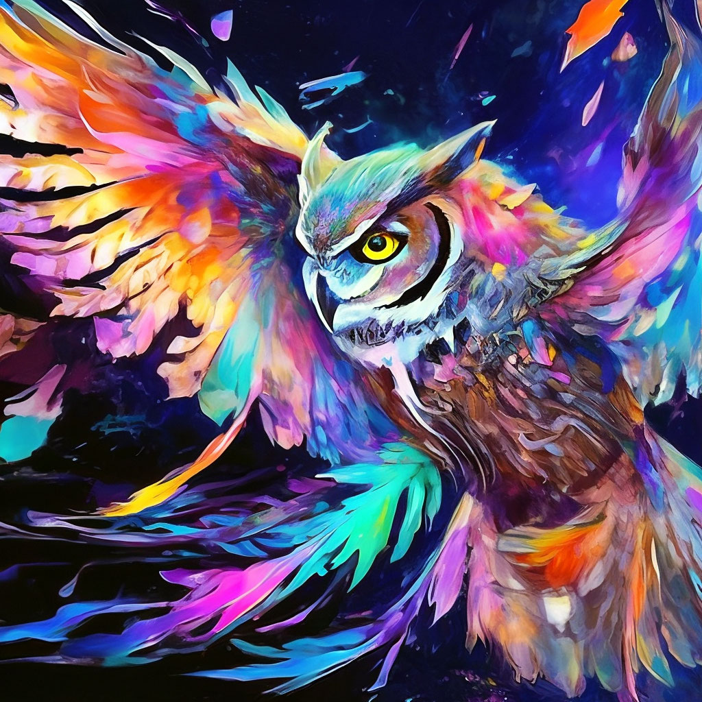 "Owl owl in flight in profile, colored feathers scattered, movement ...