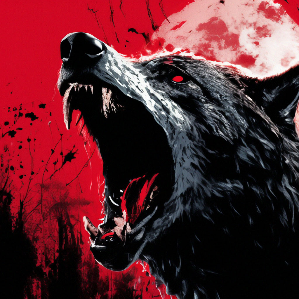 "Three-part photo, horror style, wolf big teeth, moon, ink, red, broken ...