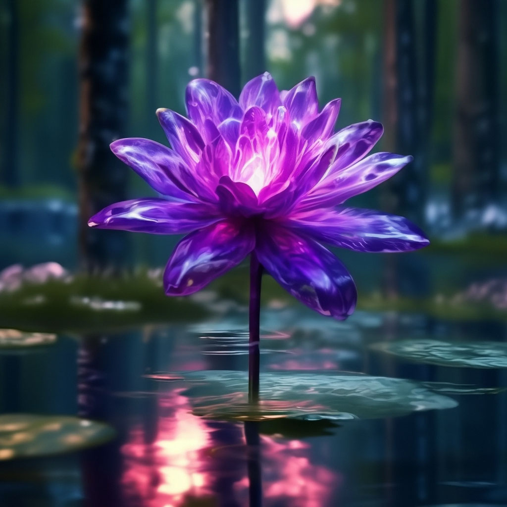 "Healing magical mythical flower, realistic, detailed, purple flame ...