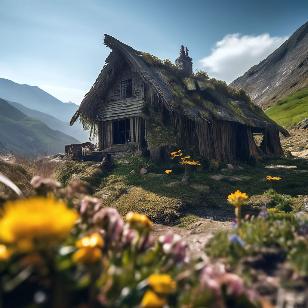 "ᅠᅠᅠ post-apocalyptic landscape, hut in the mountains, dark botanical ...