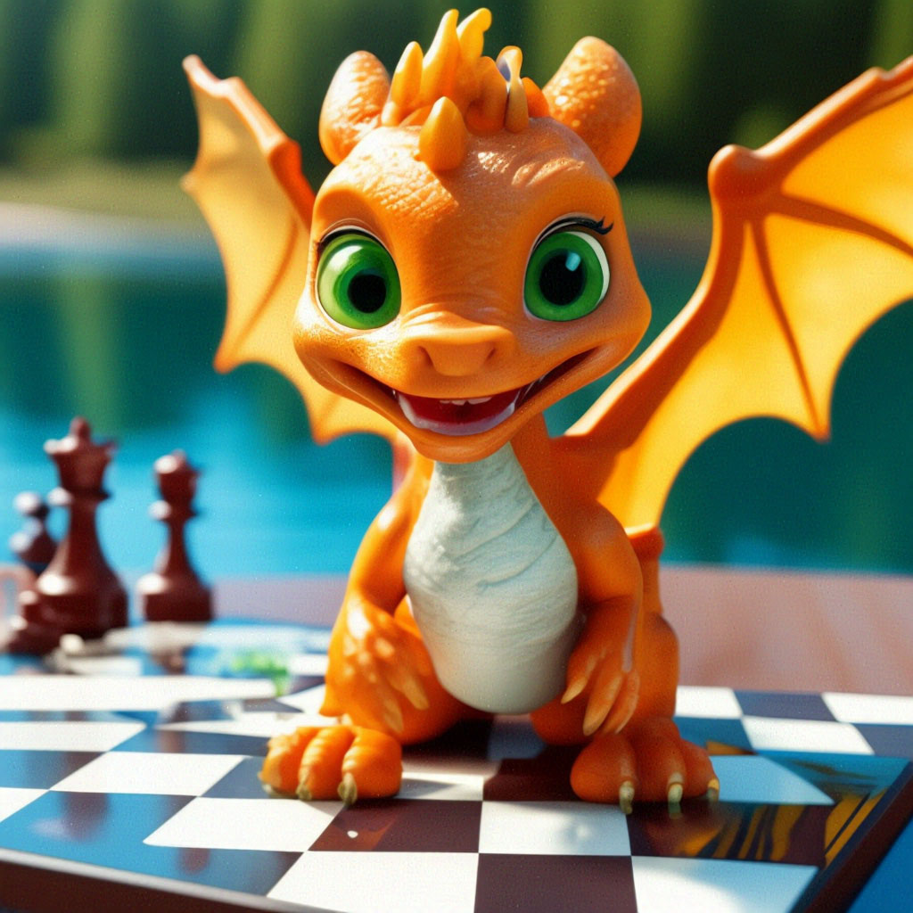 "A cute cheerful orange-colored dragon cub with big green eyes, curly ...