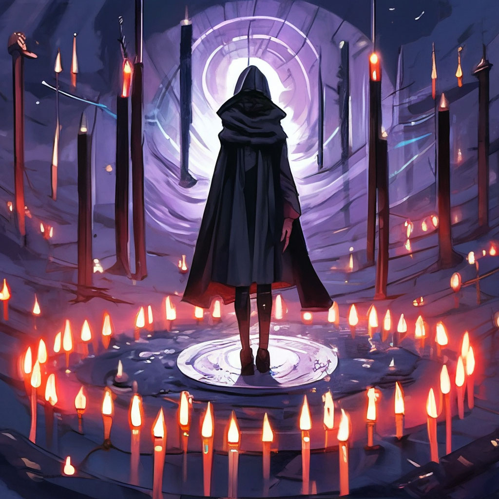 ". at night, against the background of the summoning circle, there is a ...