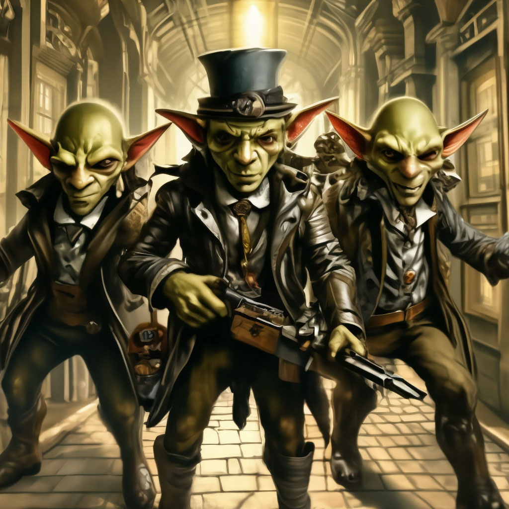 "A gang of goblins robbing a bank, steampunk style, fantasy style ...