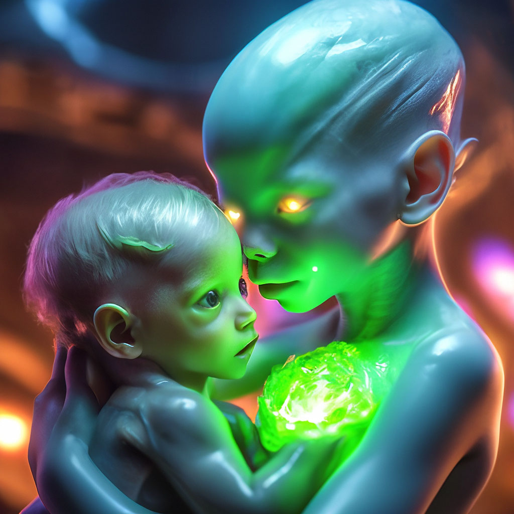 "A terrible mutant alien child made of glowing slime,sitting pressed ...