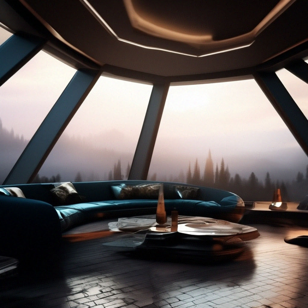 "Cozy room in high-tech style, futuristic interior, lots of light ...