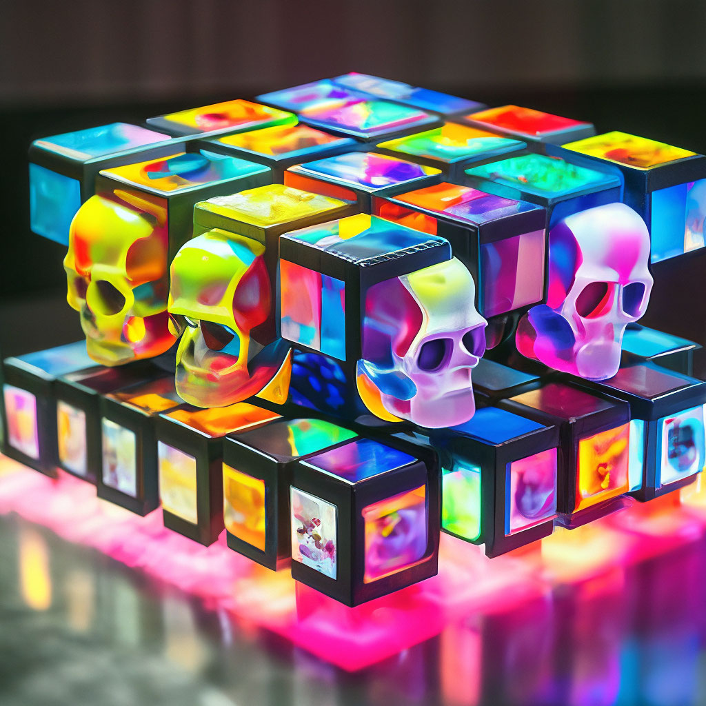 "Rubik's cube made of skulls of different colors, in black and white ...
