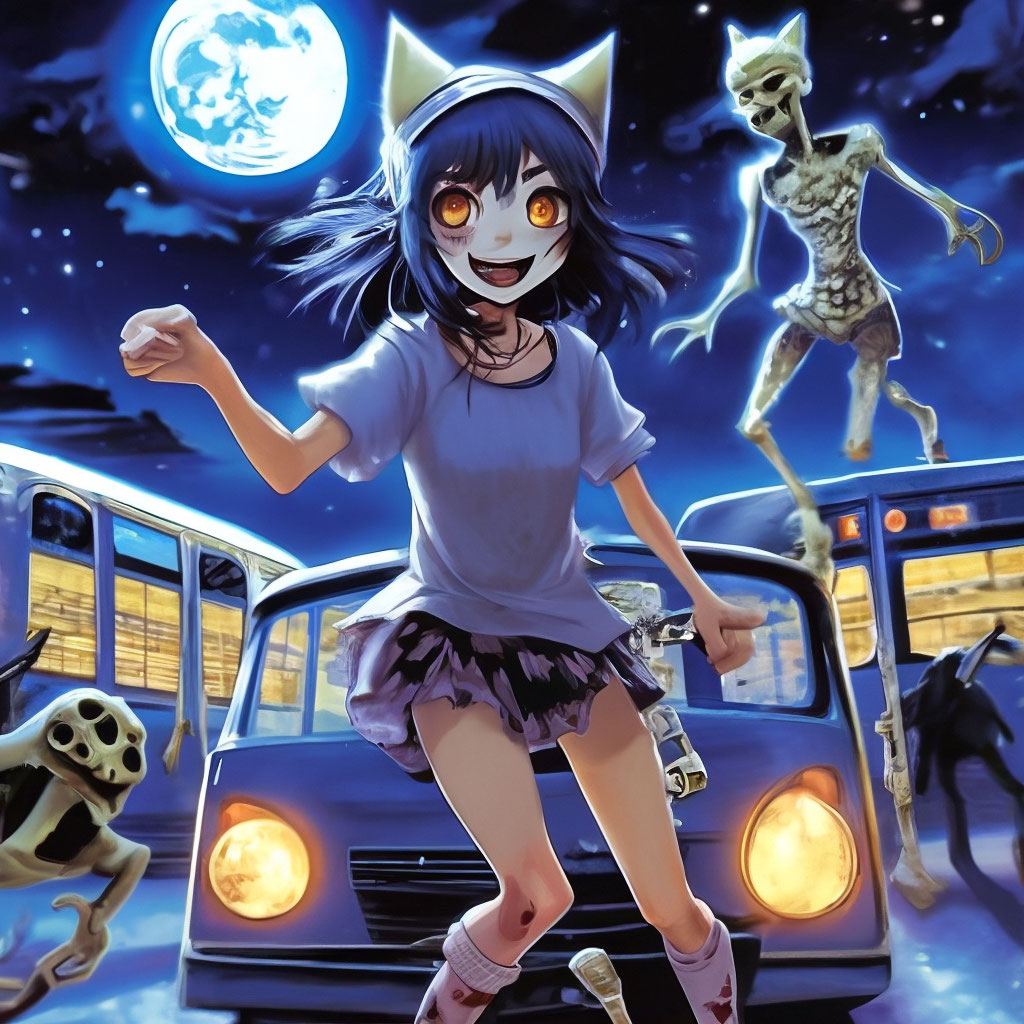 "Japanese zombie girl with cat ears on her skull, riding on a night bus ...