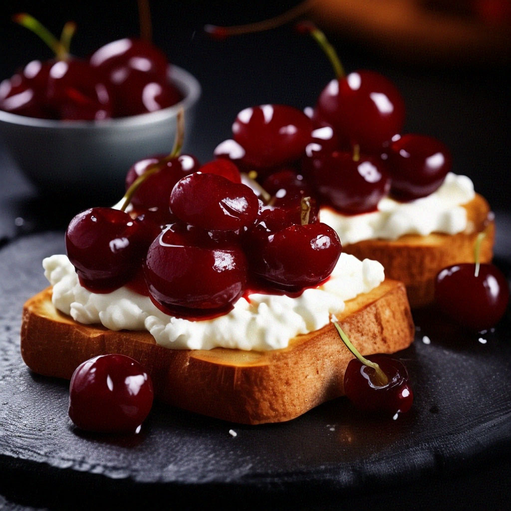 "Toasts with cottage cheese and caramelized cherries, professional ...