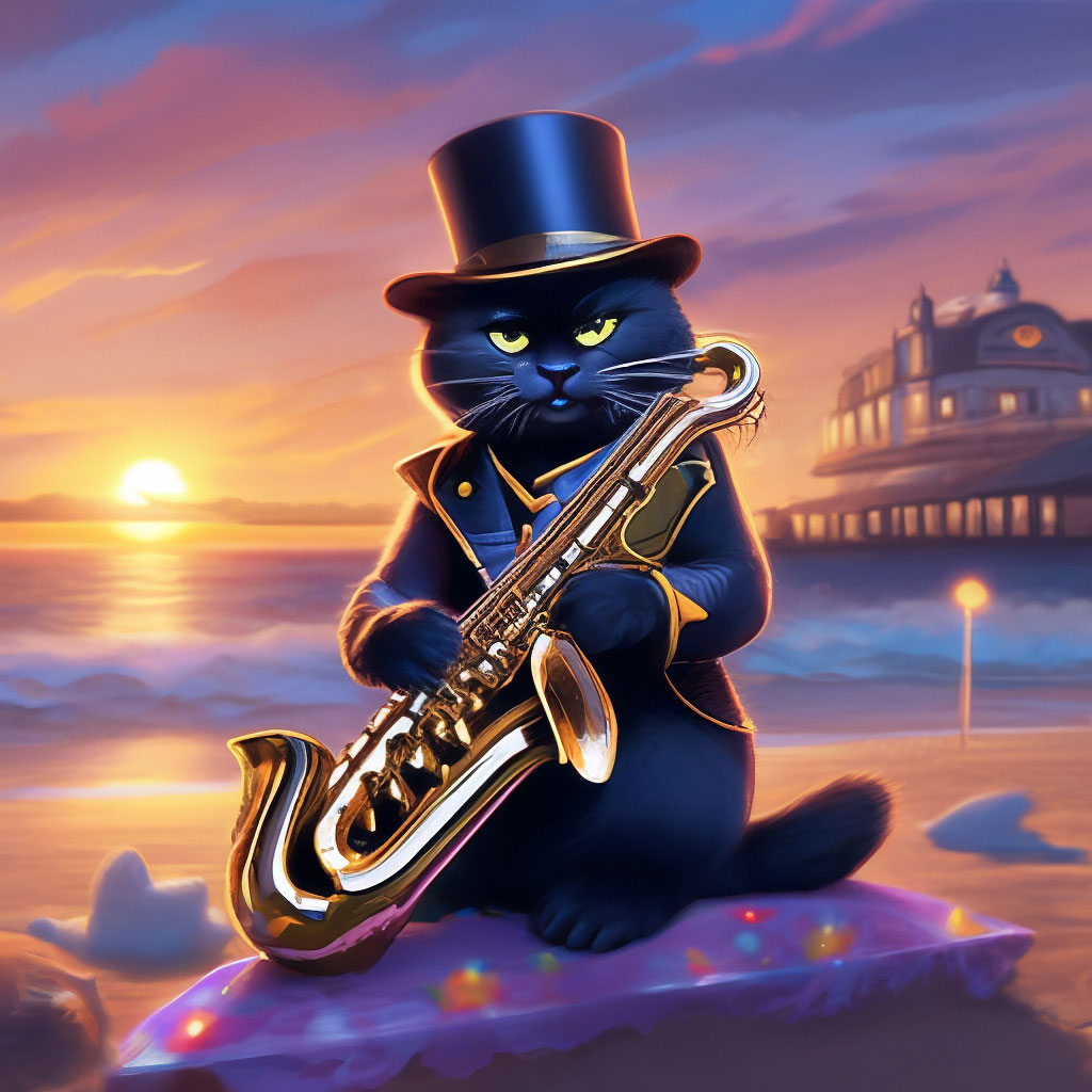 "An anthropomorphic British black cat in a festive costume plays the ...