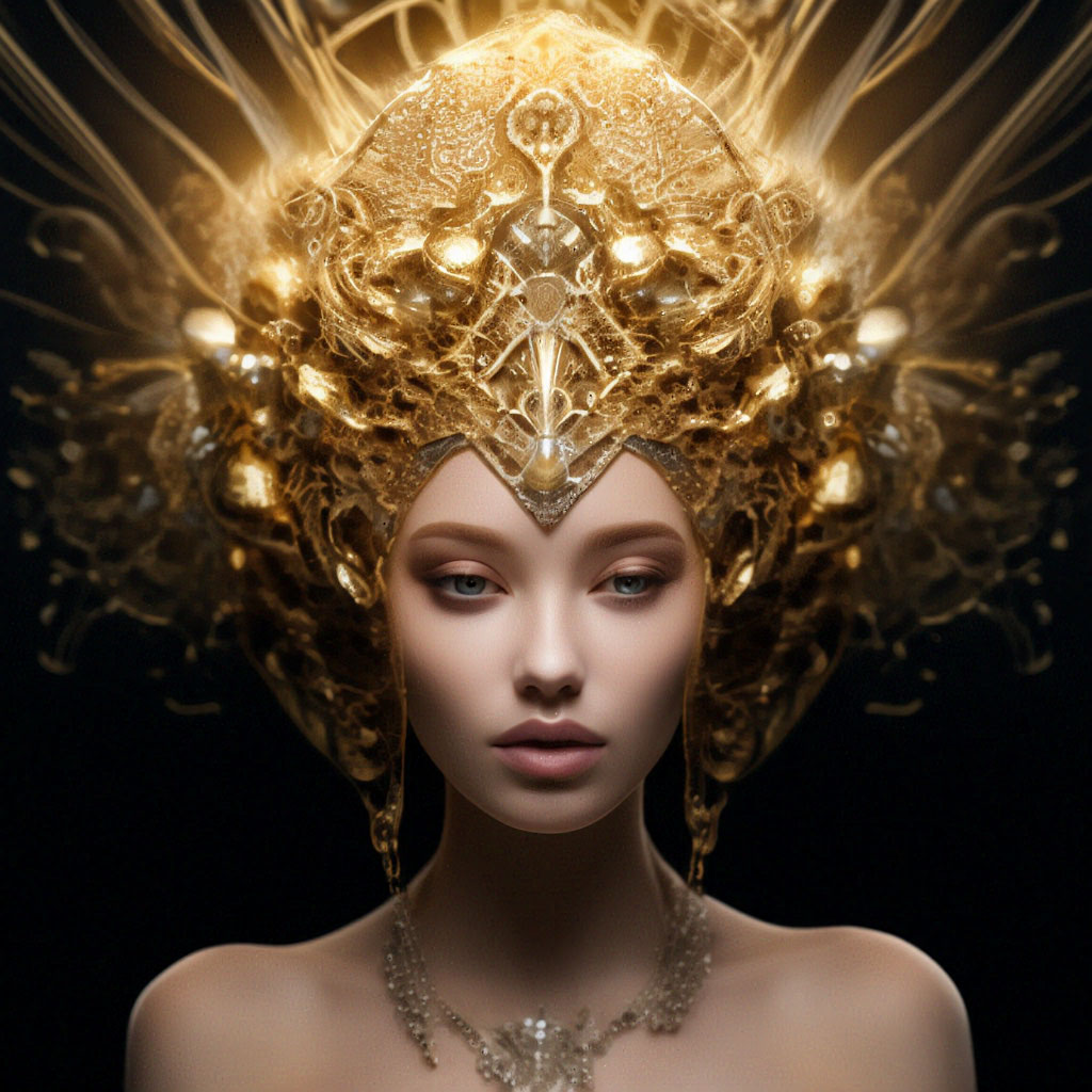 "Fantasy,surrealism,beautiful living girl, luxurious, high headdress ...