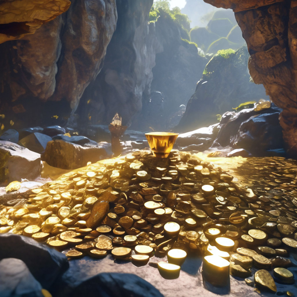 "A pile of gold coins and treasure lying on top of a pile of stones in ...