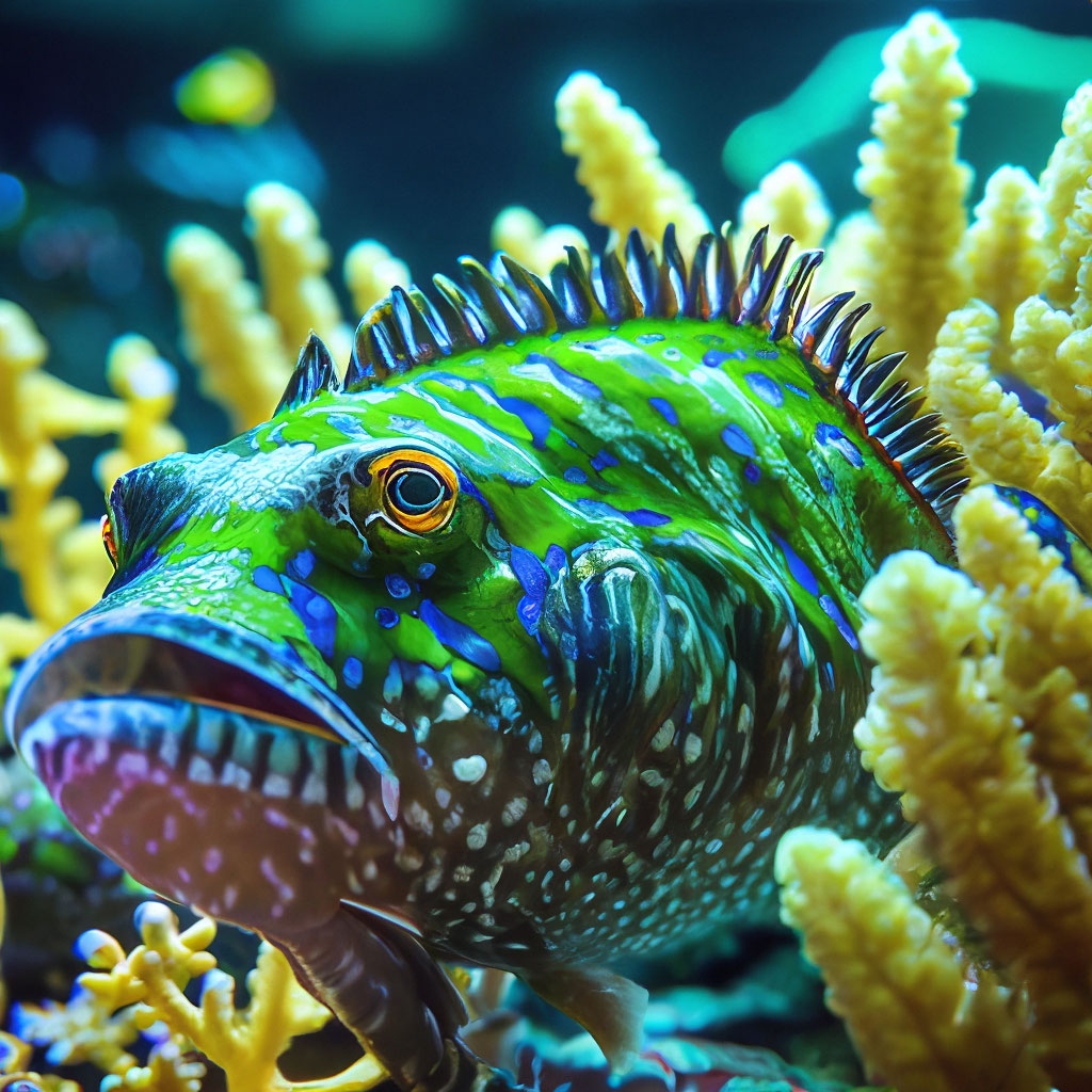 "Brooding flounder fish, green aquatic…" — image created in Shedevrum