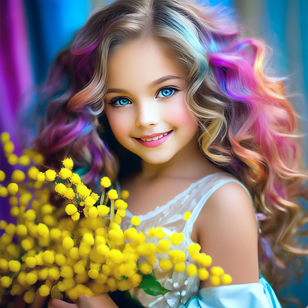"A beautiful sweet girl smiles with multicolored eyes and an iris,full ...