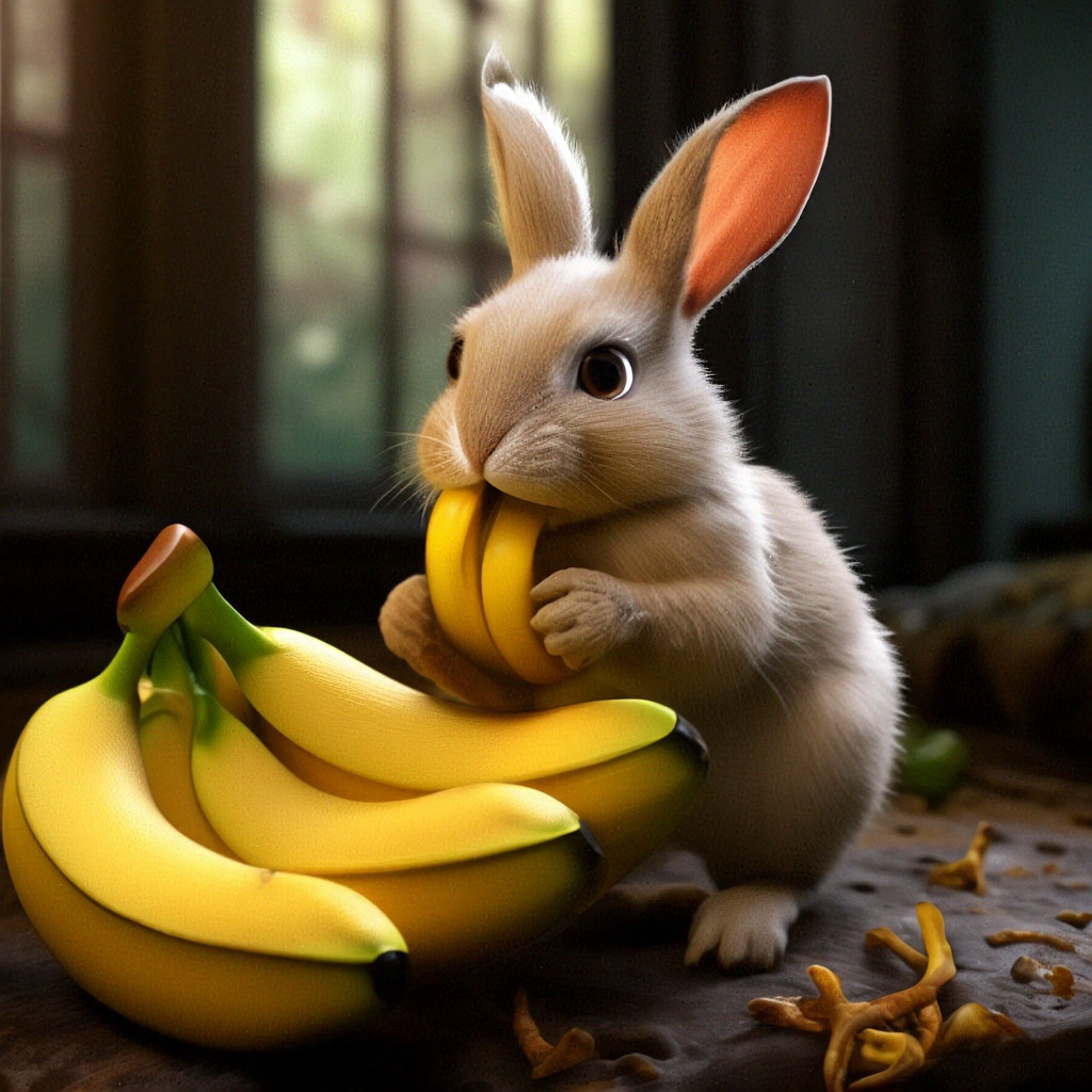 "Cute rabbit eating bananas" — image created in Shedevrum