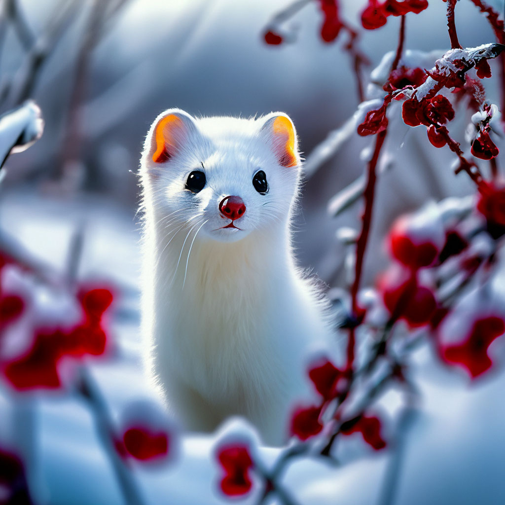 "El armiño blanco Mira, Mira desde los arbustos cubiertos de nieve, en ...