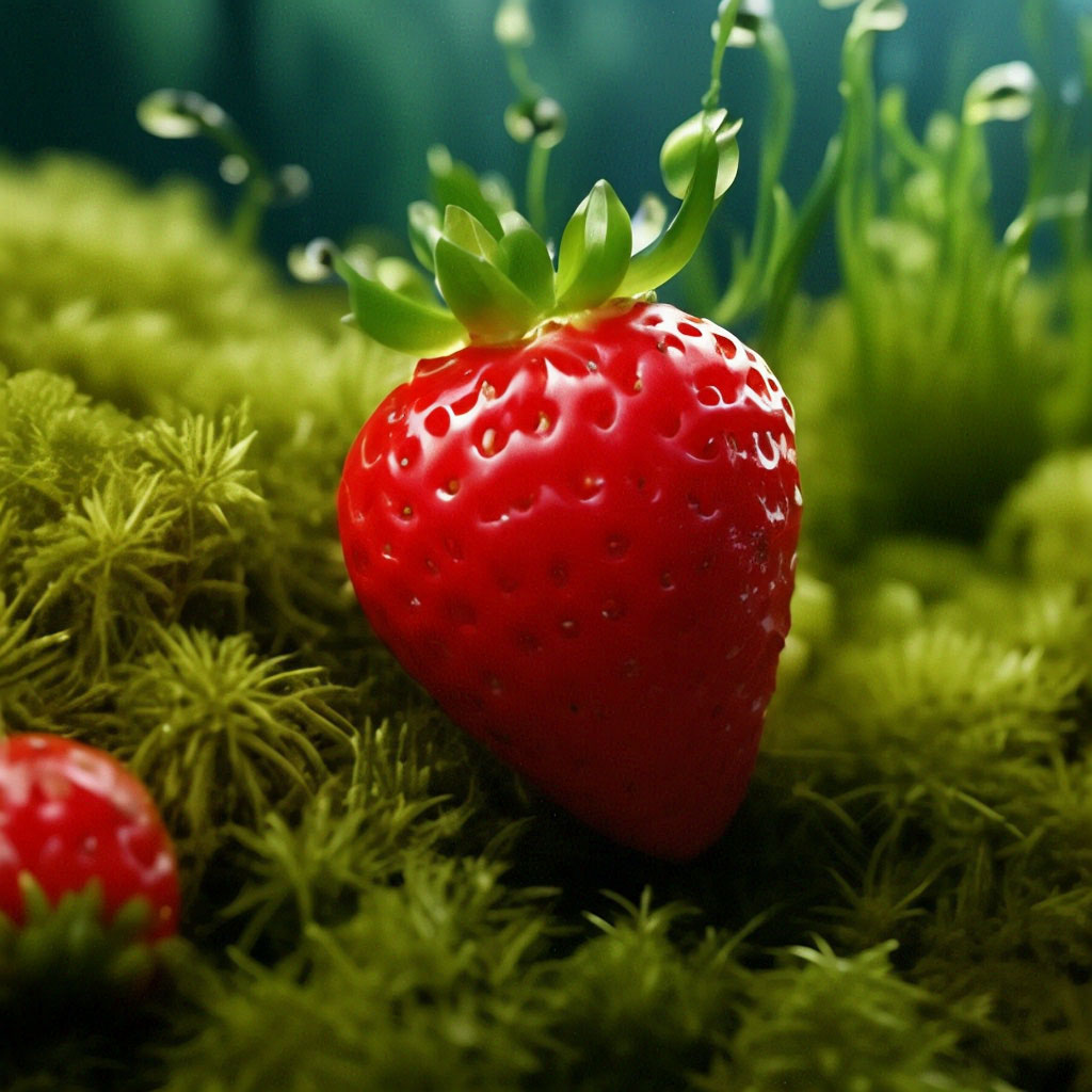 "Composition of grass,moss and strawberries, minimalism surrealism ...