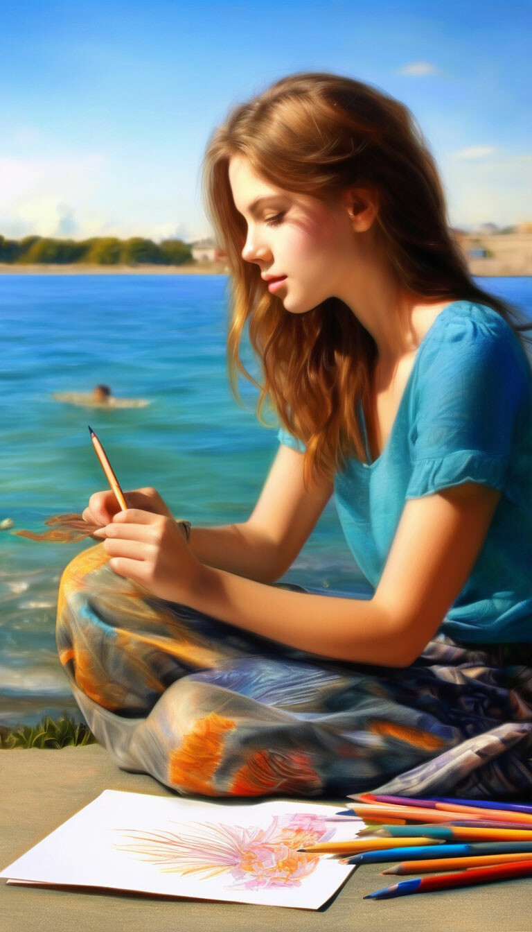 "Drawing with colored pencils a beautiful girl draws a picture on the shore on the bow ...