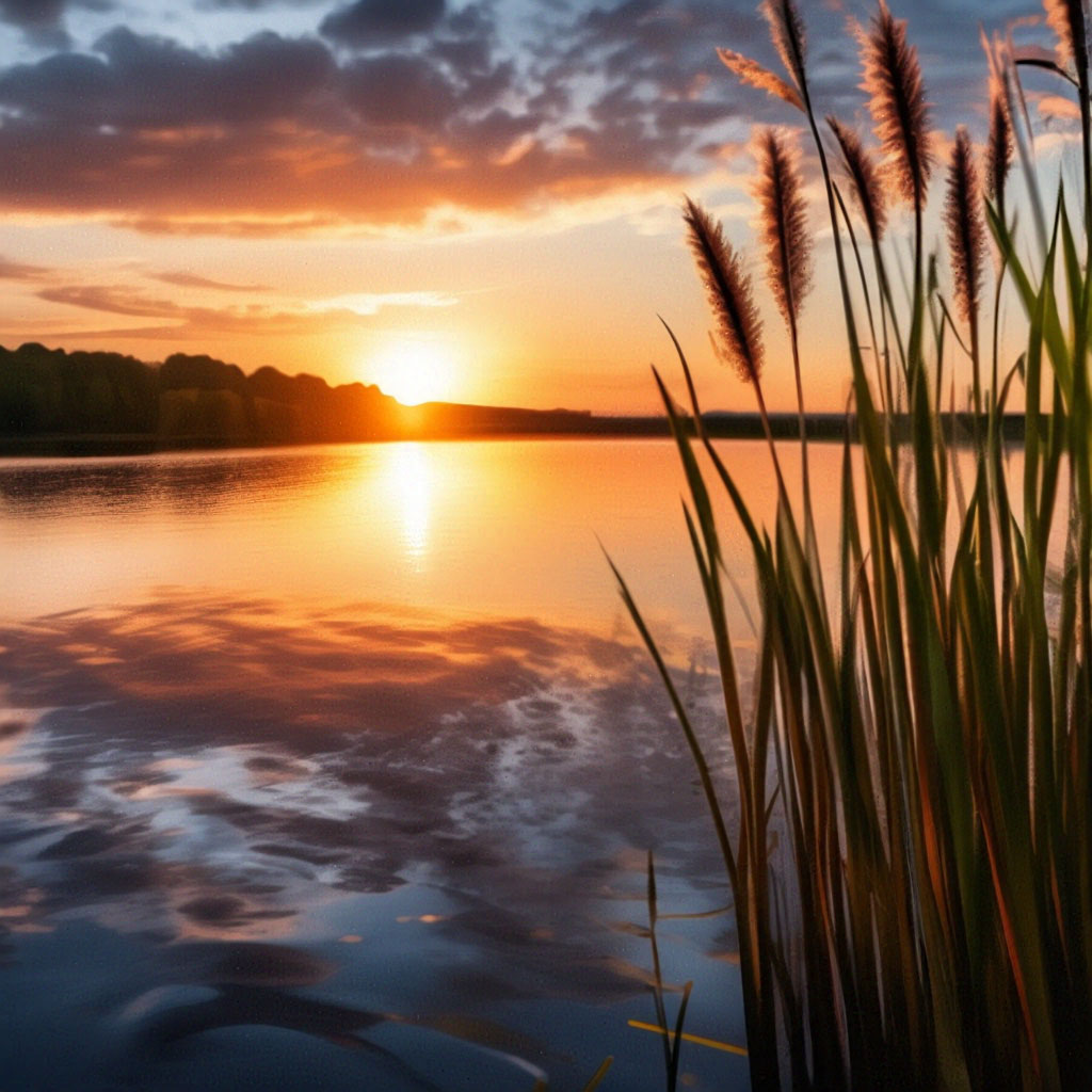 "Sunset on the river, reeds, beautiful, aesthetically pleasing, bright ...