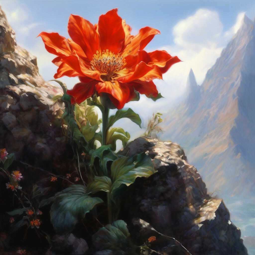"Real cinematic Boris Vallejo Fury on a Flower in the Rocks" — image ...