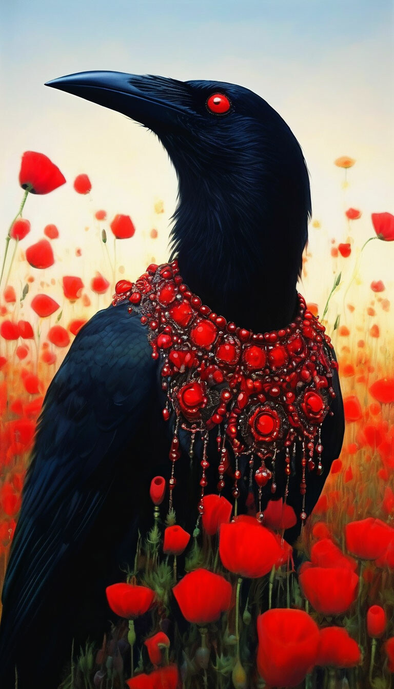 "Russian fantasy Russian black crow red beads around her neck in the ...