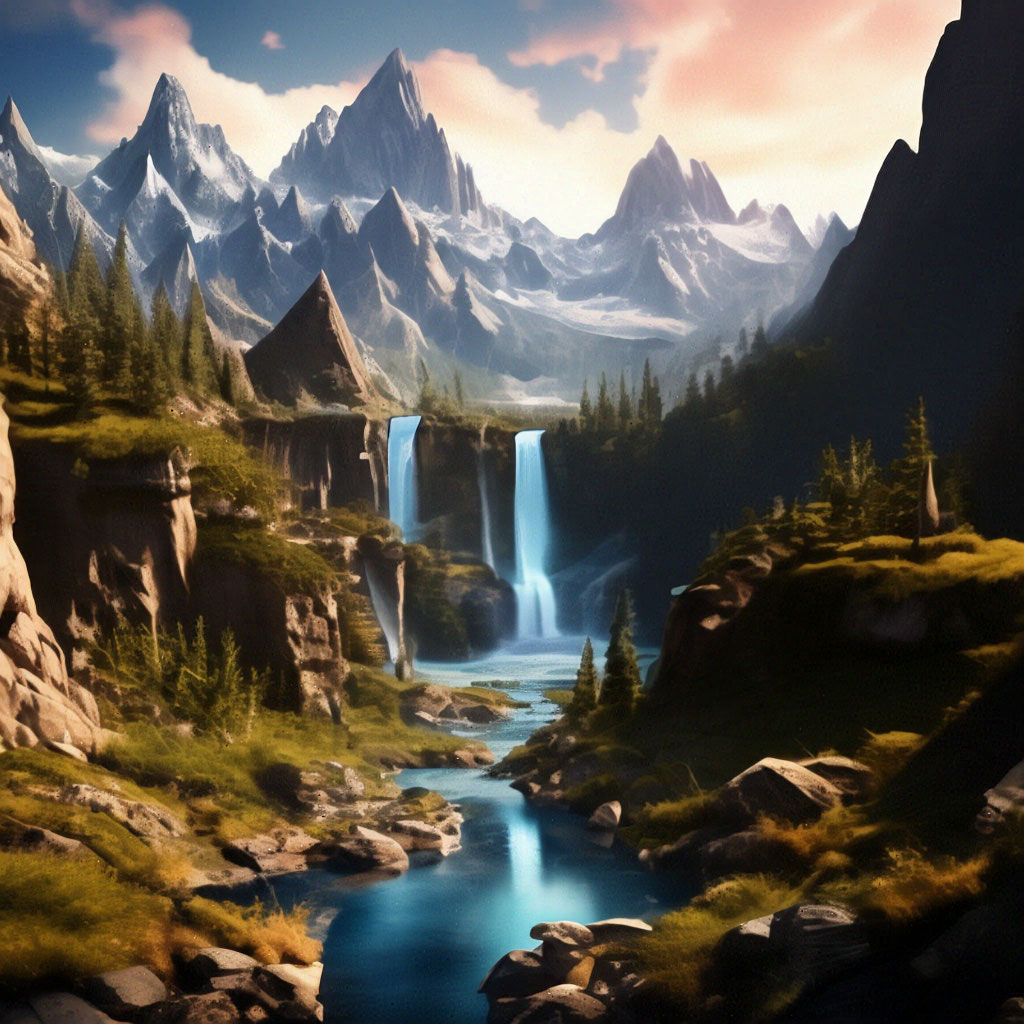 "Fractal drawing,intricate,rocks,waterfall,mountains,river,planets ...