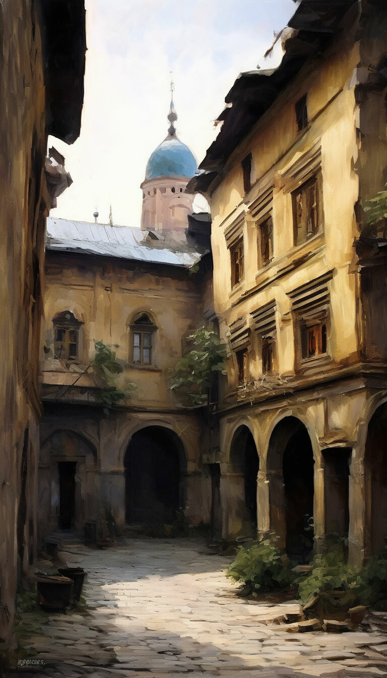 "Moscow courtyard. In the style of Vasily Polenov" — image created in ...