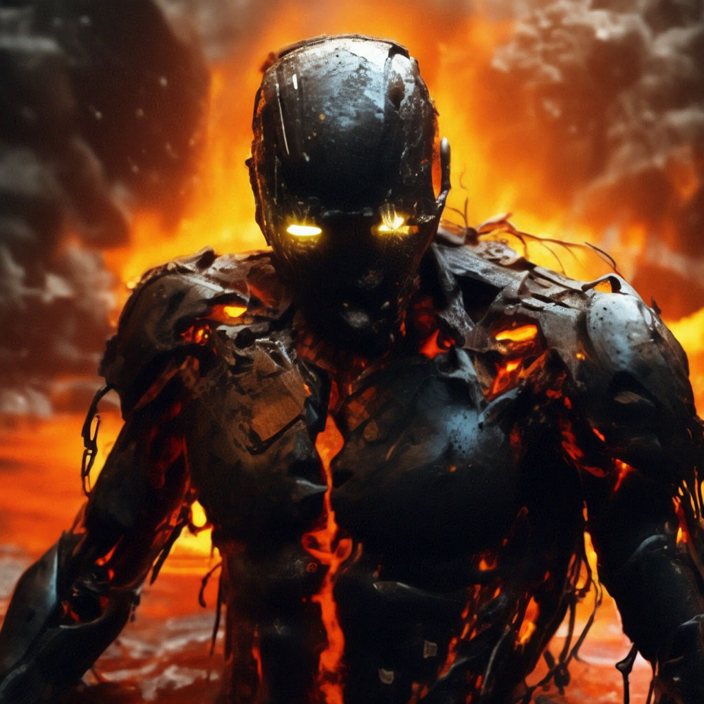 "The old cyborg robot melts in lava, drowns, the body corrodes, the ...
