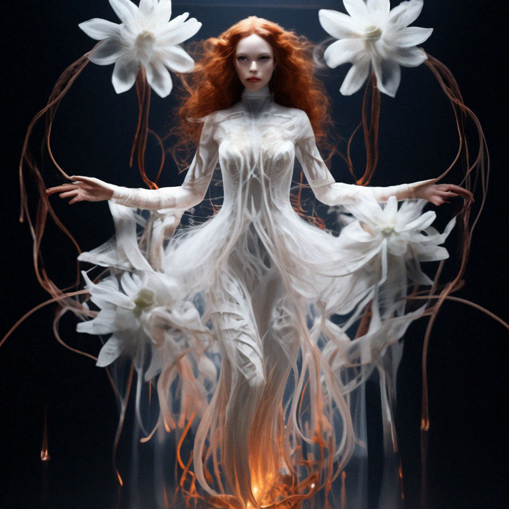 "White flowers with copper threads levitation girl in a transparent ...