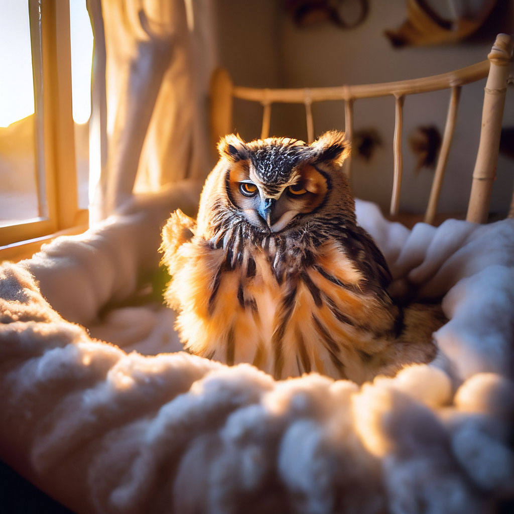 "Owl woke up in a warm crib, dawn, stretching, shaggy, feathers ...