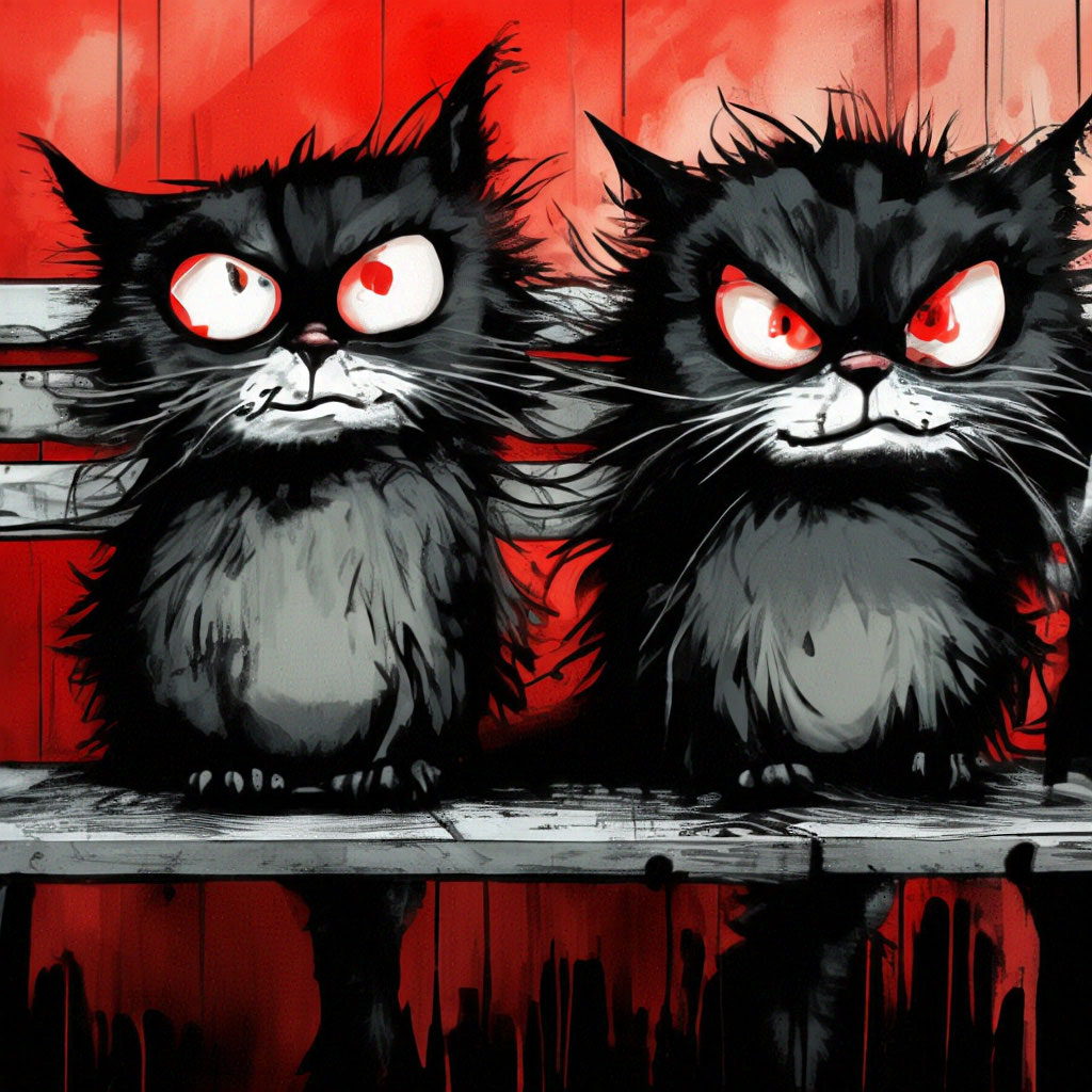 "In prison, two large yard evil scraggly gloomy hungover tired cats ...