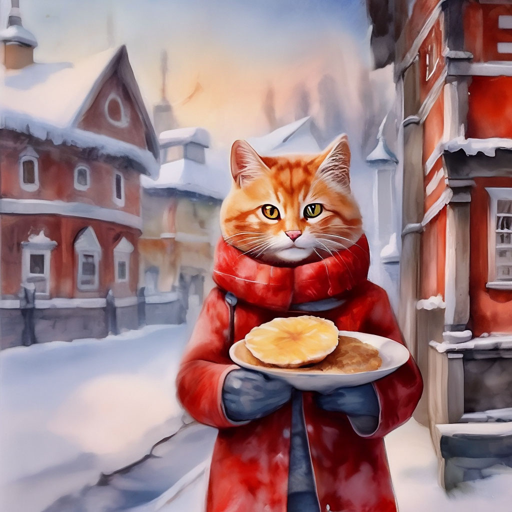 "Watercolor, winter, a contented red cat stands on the street, wrapped ...