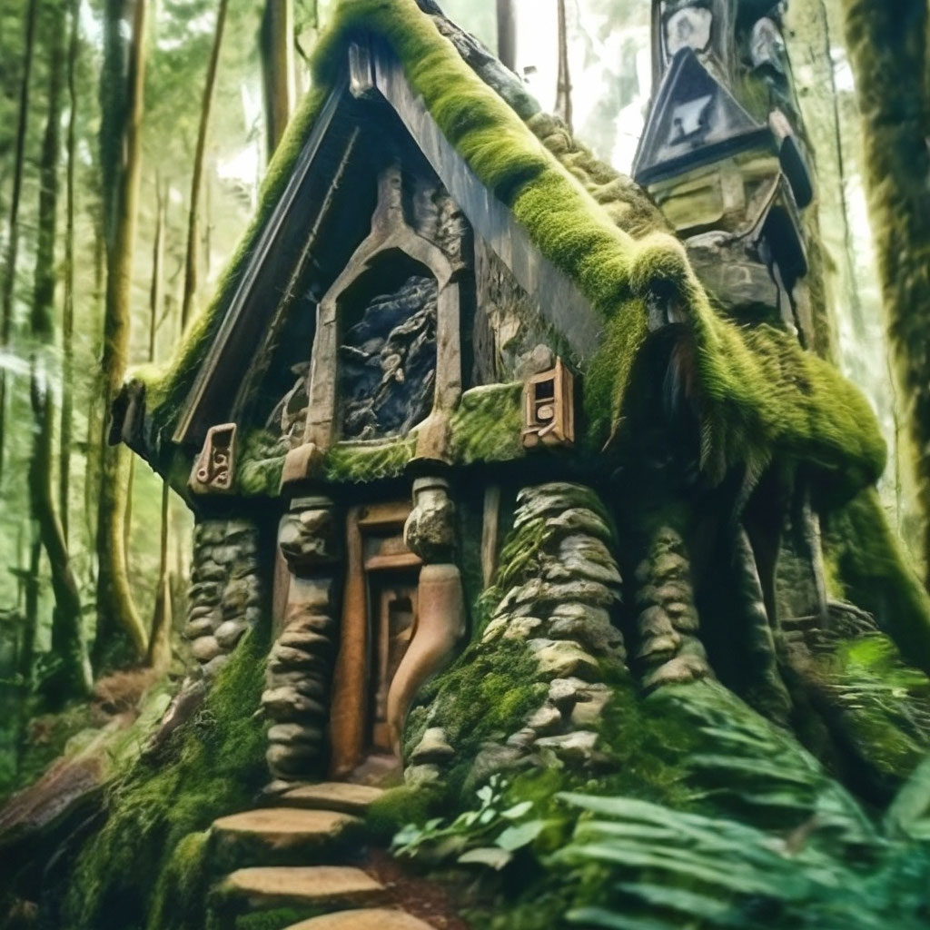 "Druid house in the forest , professional photo, realistic, beautiful ...