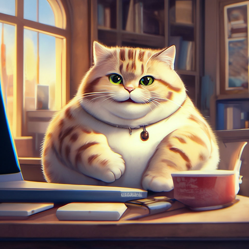 "The Riga fat cat is sitting at the computer very happy" — image ...
