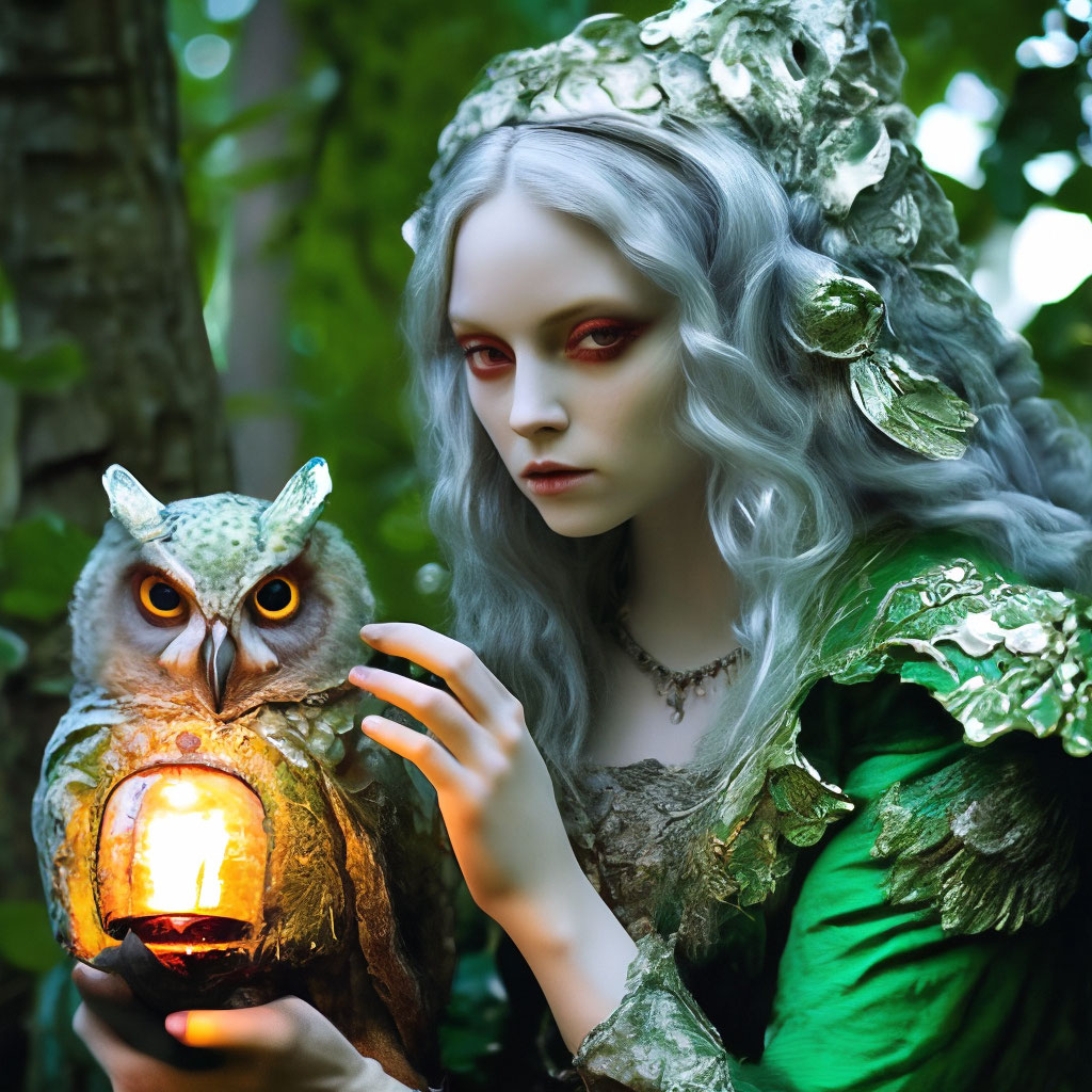 "Альбинос с голубыми глазами,Symbiosis of an owl and a green-skinned ...