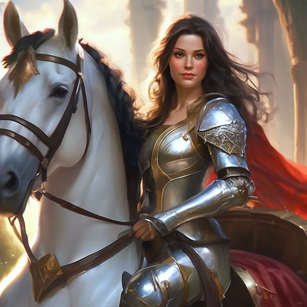 "A beautiful lady-a knight on horseback, a brunette, in shining armor ...