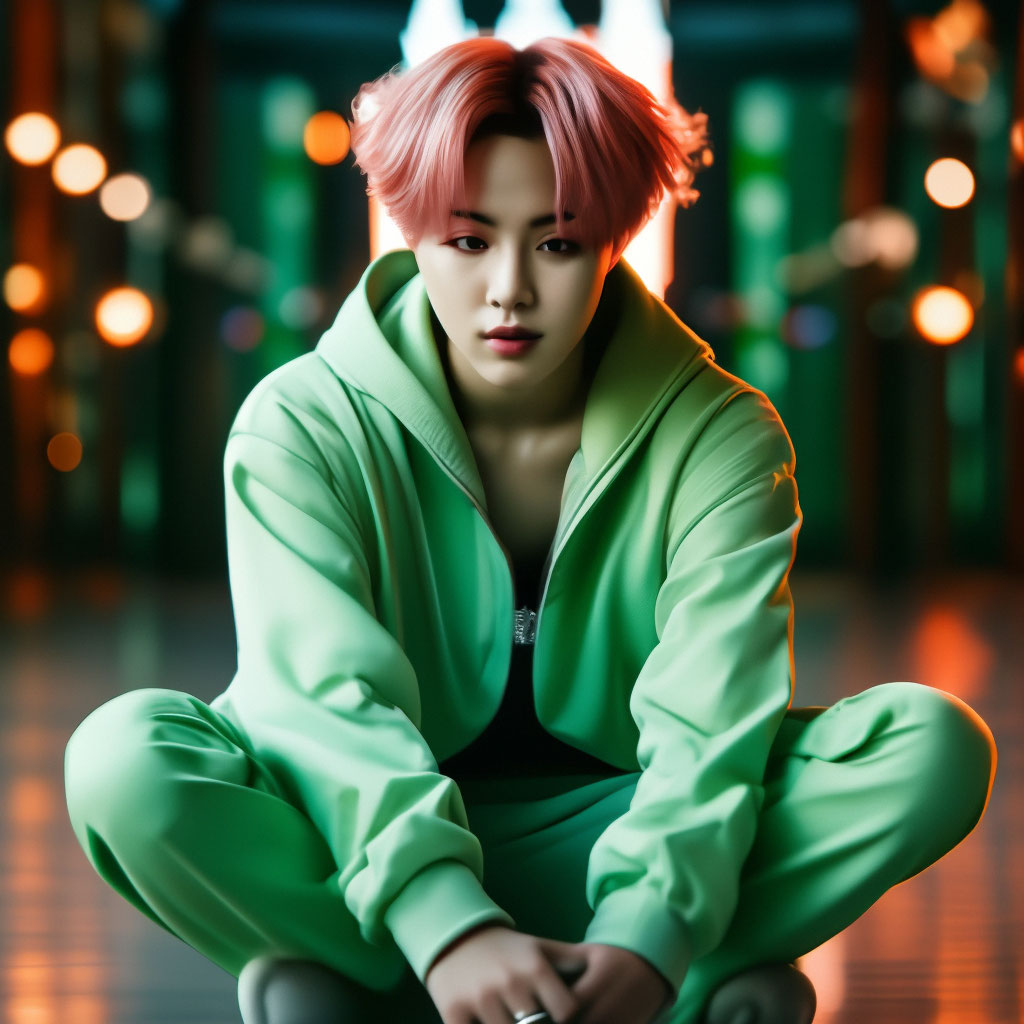 "Jimin in a light green sports suit is sitting on a splits ...